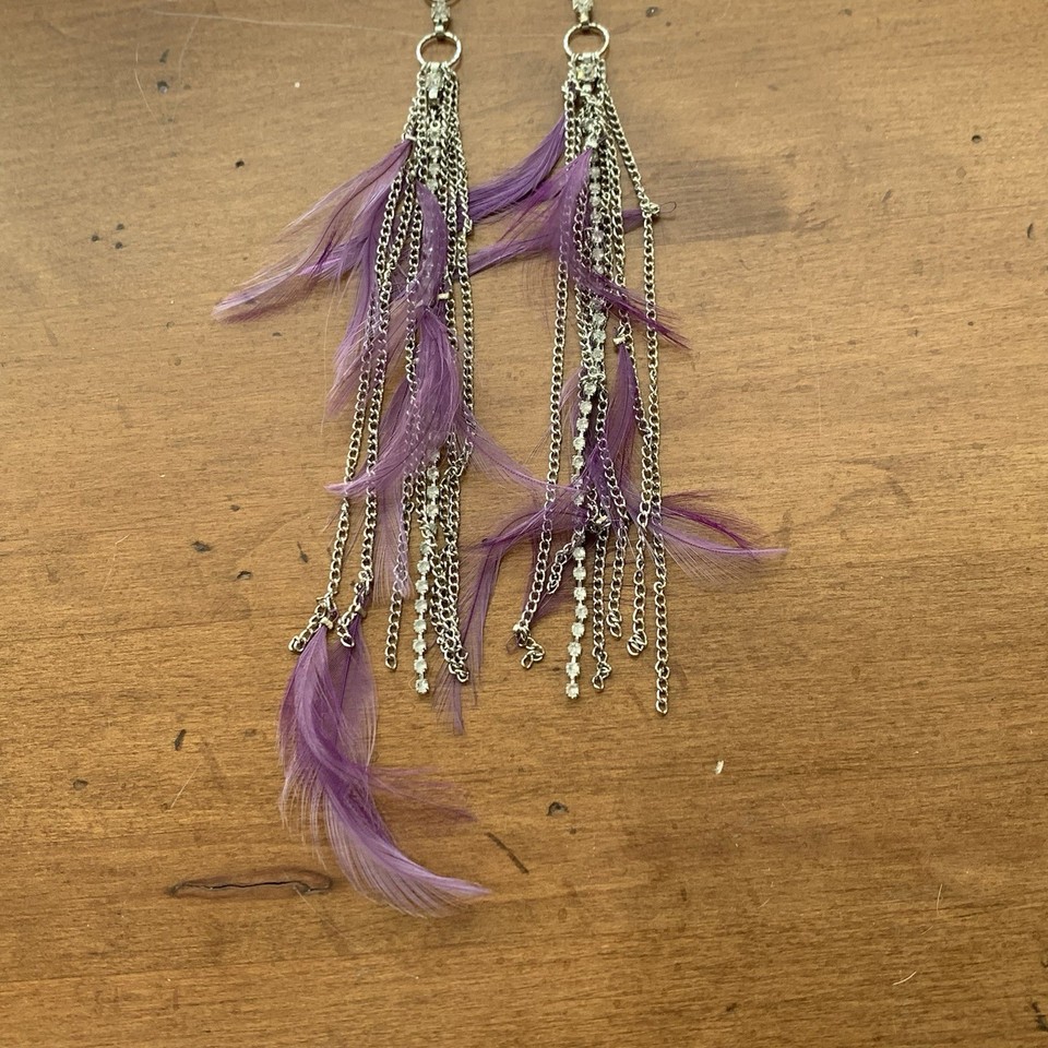 Bebe Purple Feather Silver Hardware Dangling Bohemian Earrings | eBay