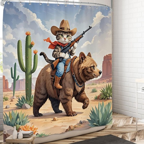 Funny Western Cat Shower Curtain, 72x72 Inch, Cool Cowboy Cat Riding ...