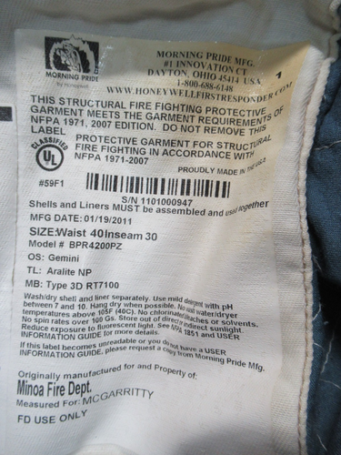 MORNING PRIDE Fire Fighter Turnout PANTS 40 X 30 HARNESS BUNKER GEAR ...