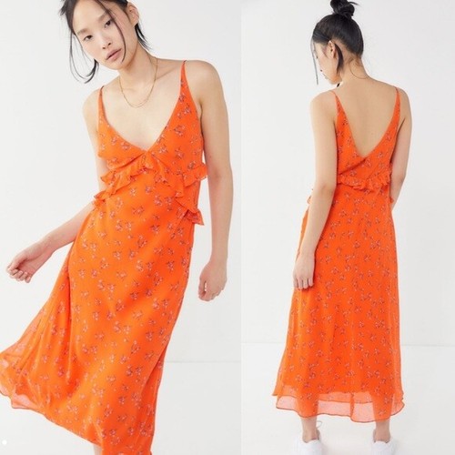 UO Heidi orange floral Ruffle V Neck Maxi dress size Medium | eBay