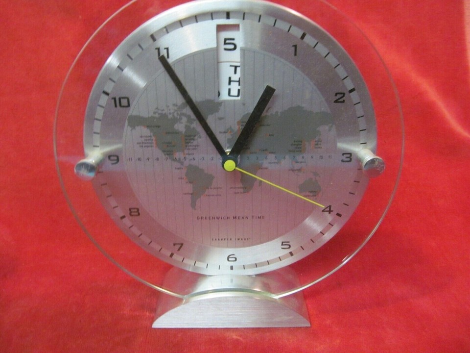 Sharper Image World Time Heavy Glass Clock Desk Clock Aluminum DAY ...