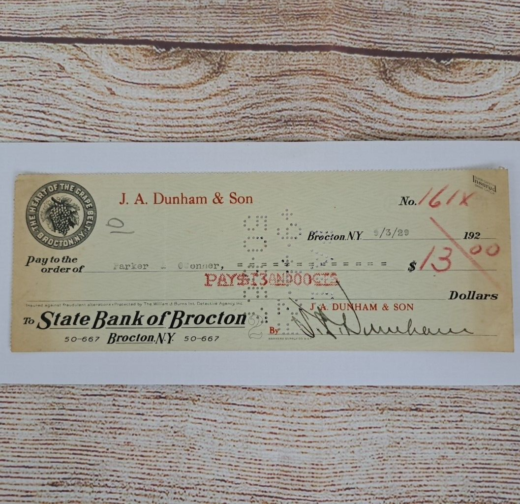 Antique Cancelled Bank Check 1929 State Bank of Brocton NY JA Dunham ...