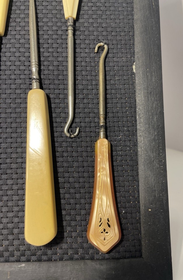 Vintage 7 Framed Bakelite Celluloid Button Hooks Corset 12” H x 9.5” | eBay