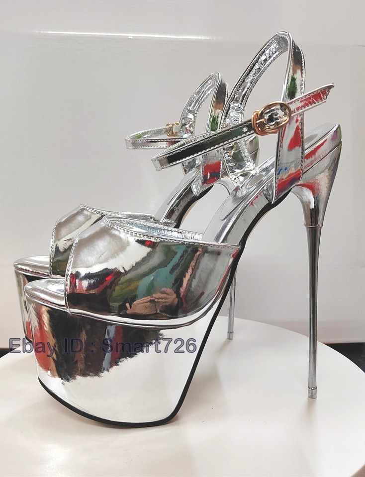 19cm Ultra High Heels Metal Stiletto Platform Sandals Women's Ankle ...