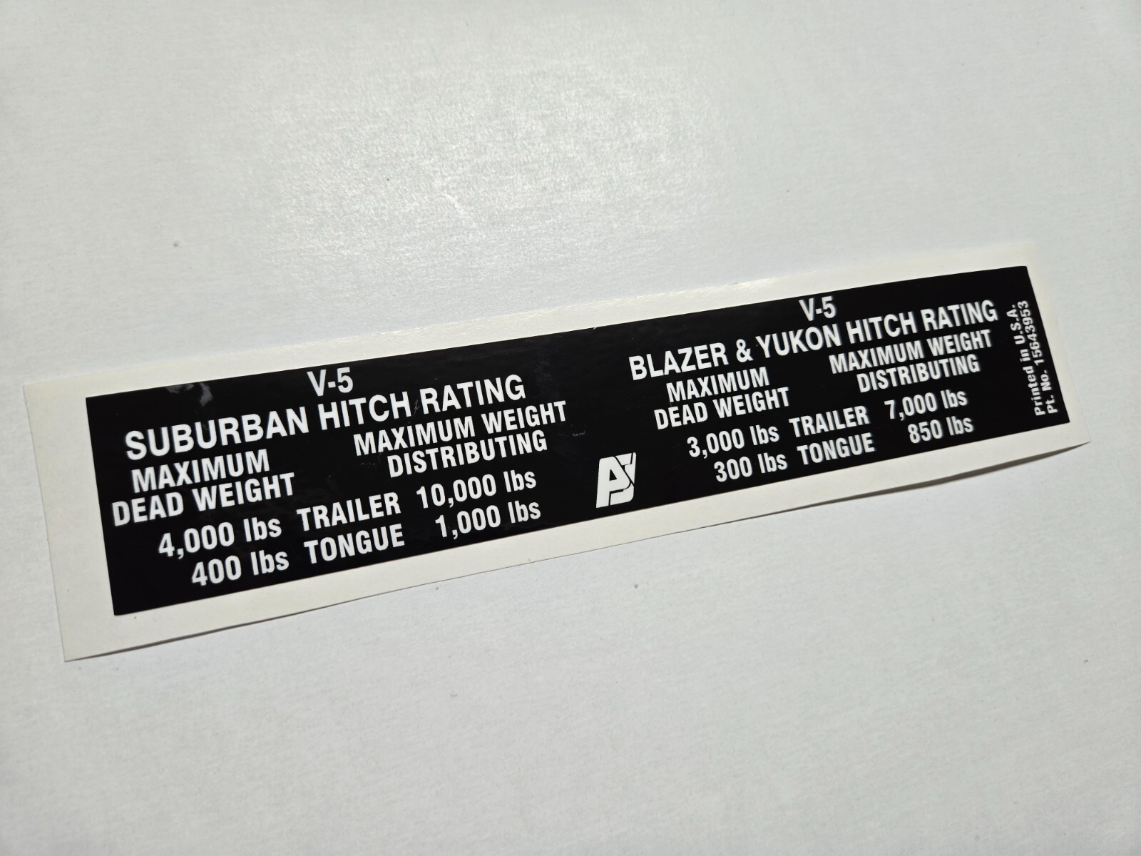 Hitch Rating Label/Sticker fits K5 Blazer Yukon Suburban GM Receiver ...