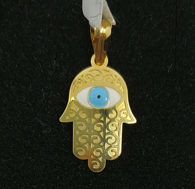 18K Gold Pendant. Hand Of Fatima Hamsa With Turkish Eye. 19.5 Mm. | eBay