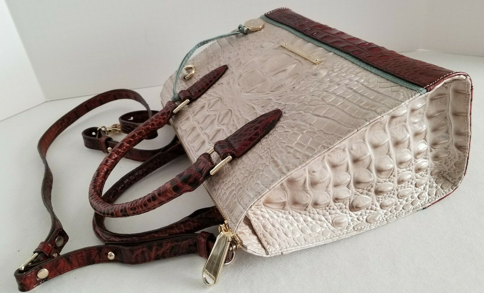 🌹Brahmin Anywhere Convertible Satchel Linen Tri-color Leather Bag NWT ...