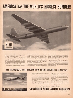 1947 vintage aircraft AD CONSOLIDATED VULTEE B-36 World's Biggest ...