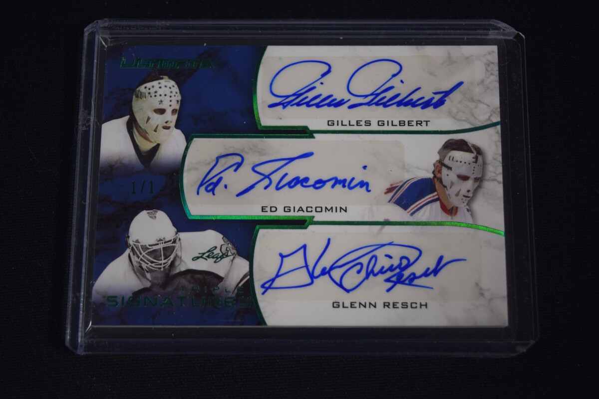 Ed Giacomin Gilbert Resch 2018-19 Leaf Ultimate Triple Signatures Green ...