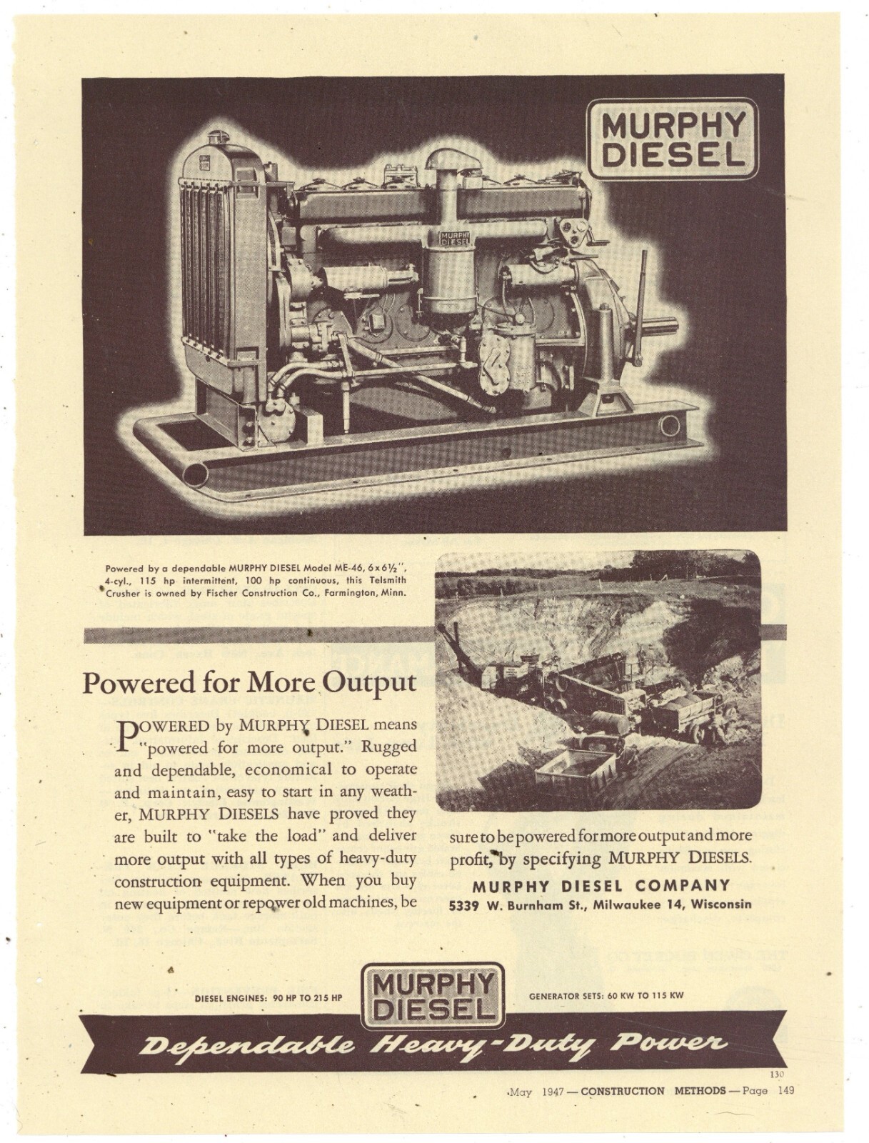 1947 Murphy Diesel Engines Ad: Model ME-46 for Telsmith Crusher ...