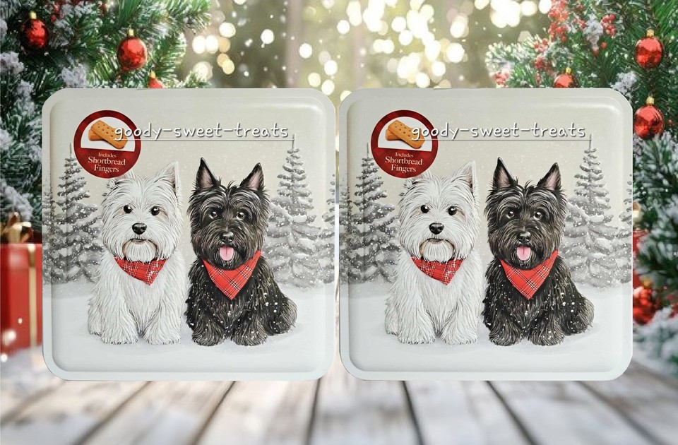 2 x Luxury Shortbread Fingers Gift Tin SCOTTIE DOG Xmas Winter Scene ...