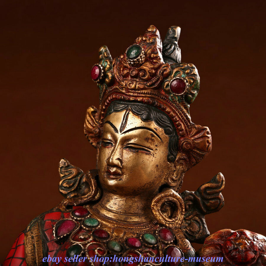 13.6 "Old Tibet Bronze inlay Turquoise Gem Gilt Green Tara Goddess ...