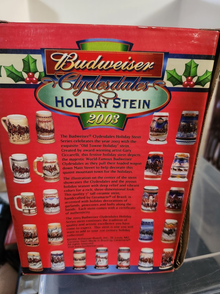Budweiser 2003 Clydesdales Holiday Stein Old Towne Holiday NEW NIB 7" w ...
