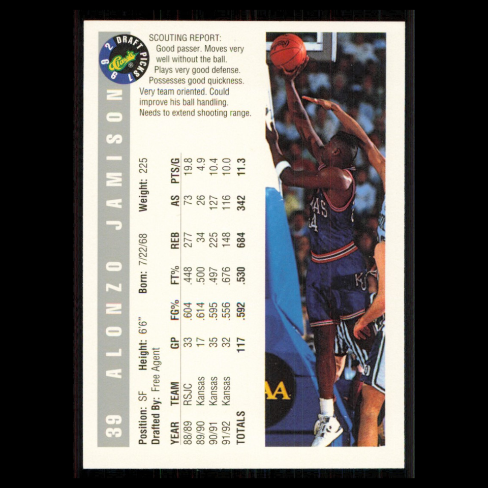 Alonzo Jamison #39 1992 Classic Draft Kansas Jayhawks Basketball Card ...