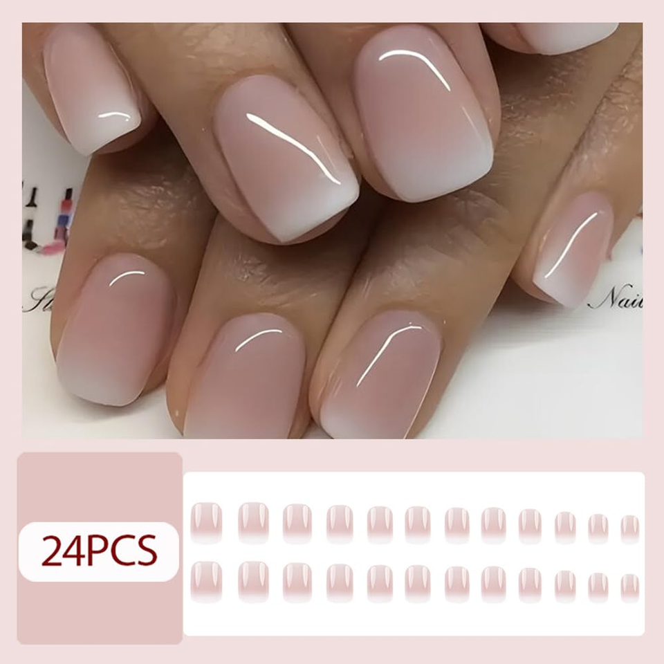 Nail Press Ons, Short Square Press on Nails French Fake Nails with Pink ...