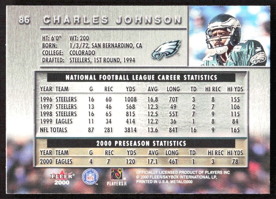 2000 5899B Fleer Tradition CHARLES JOHNSON Philadelphia Eagles #86 | eBay