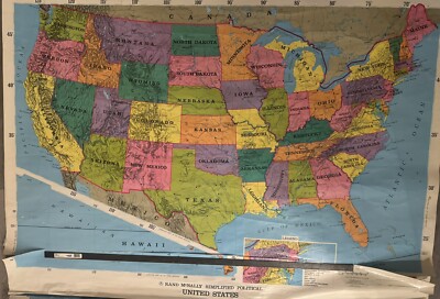 Rand McNally School Pull Down Elementary Political Roll Map 3 in 1 Rare ...