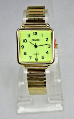 Ladies Rectangular Watch Gold Tone Glow in Dark Expanding Strap Pelex ...