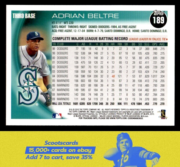 2010 Topps Adrian Beltre #189 Seattle Mariners | eBay