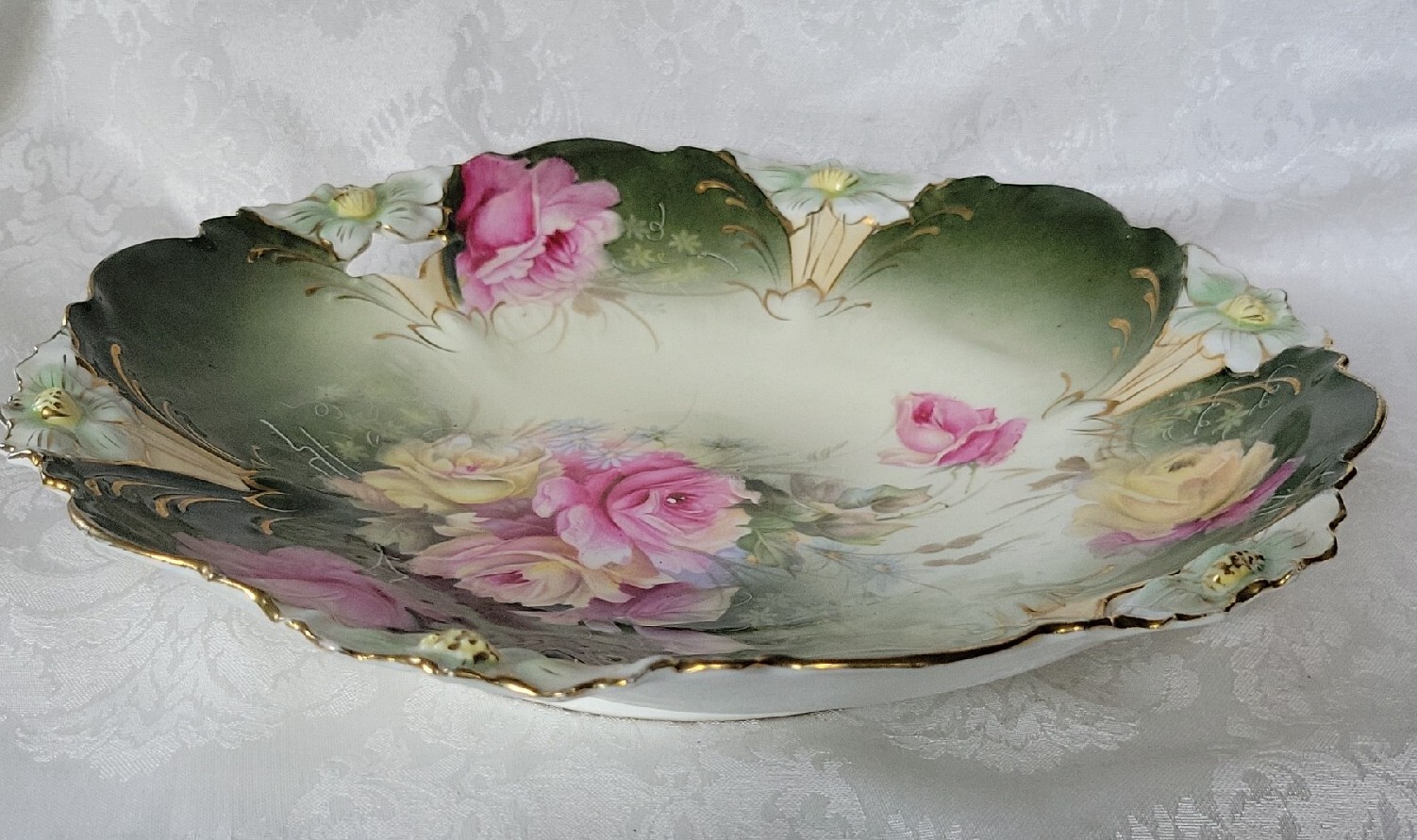 ANTIQUE RS PRUSSIA HAND PAINTED GORGEOUS ROSES BOWL W/HANDLES 11" LILLY ...