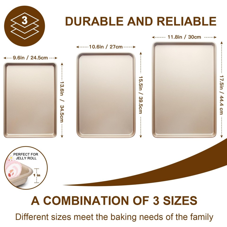 Baking Sheet Pan Set of 3, Commercial Cookie Sheets for Baking ...