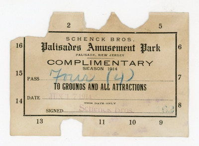 1914 Palisades Amusemeny Park Season Ticket New Jersey Schenck Bros ...