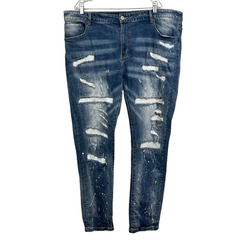 Foreign Local Jeans Straight Slim Distressed Splatter Zip Fly Blue Men ...
