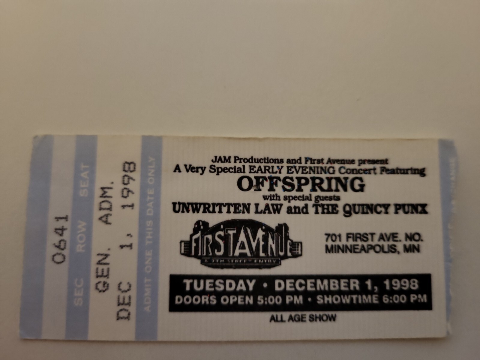 The Offspring 12/1/1998 First Avenue Ticket Stub | eBay