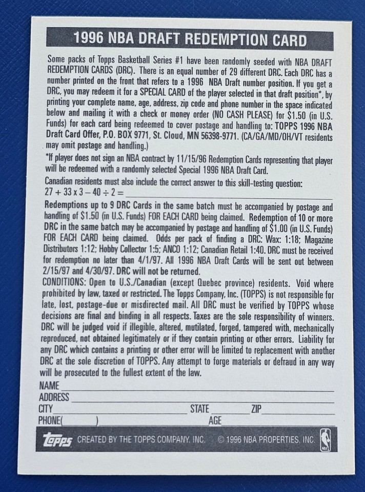 1996-97 Topps NBA Draft Pick REDEMPTION card #19 Walter McCarty ...