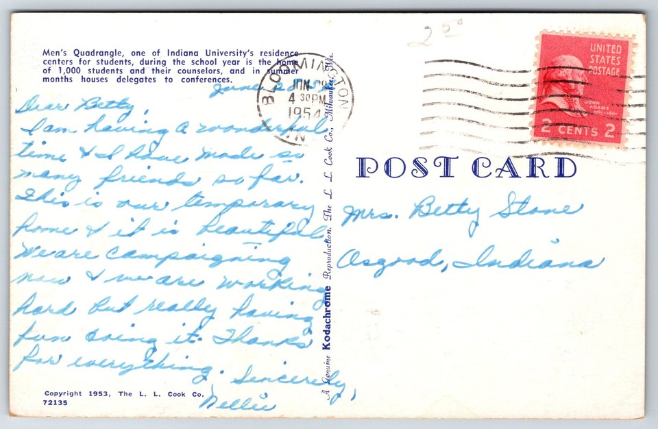 Bloomington Indiana~Indiana University~Men's Quadrangle~1954 Postcard ...