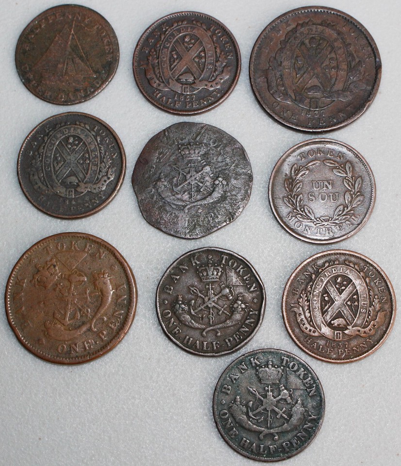 10 Assorted Copper Canadian Bank Tokens Circa 1850-1857 Anchor Ship 1c ...