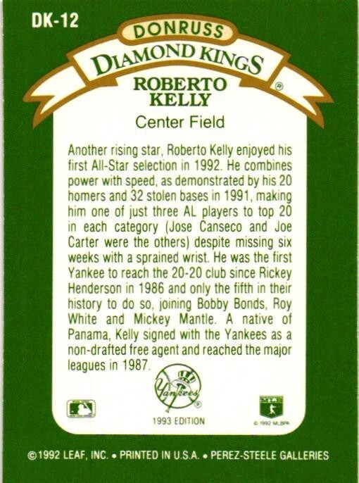 1992 DONRUSS DIAMOND KINGS ROBERTO KELLY INSERT #DK-12 | eBay