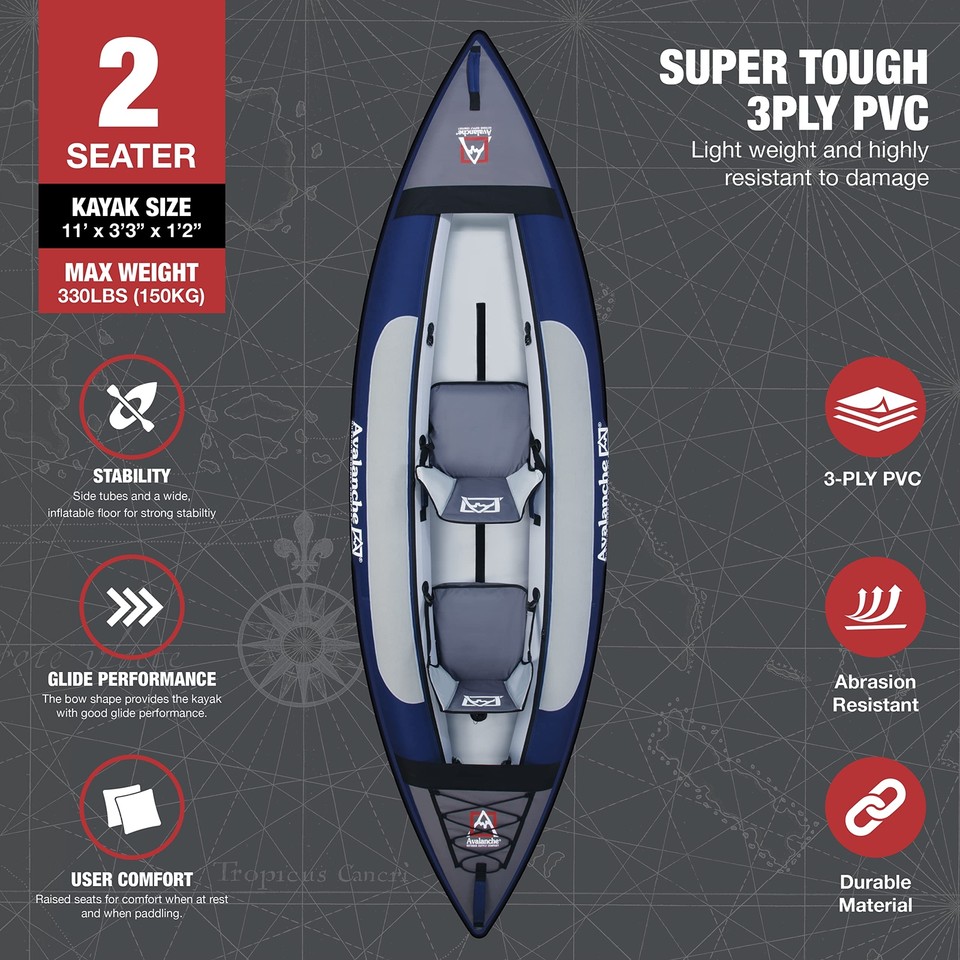 Avalanche 2-Person Voyager Inflatable Blue Kayak With Paddle, Seat ...