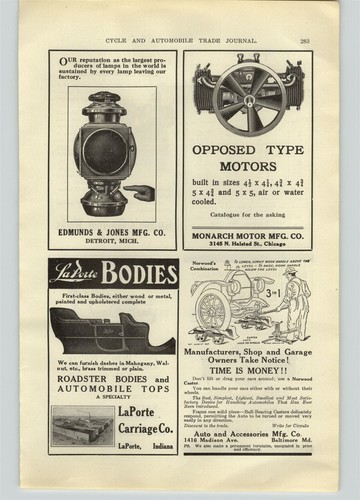 1910 PAPER AD Car Auto Automobile Edmunds & Jones Lamps Opposed Motor ...