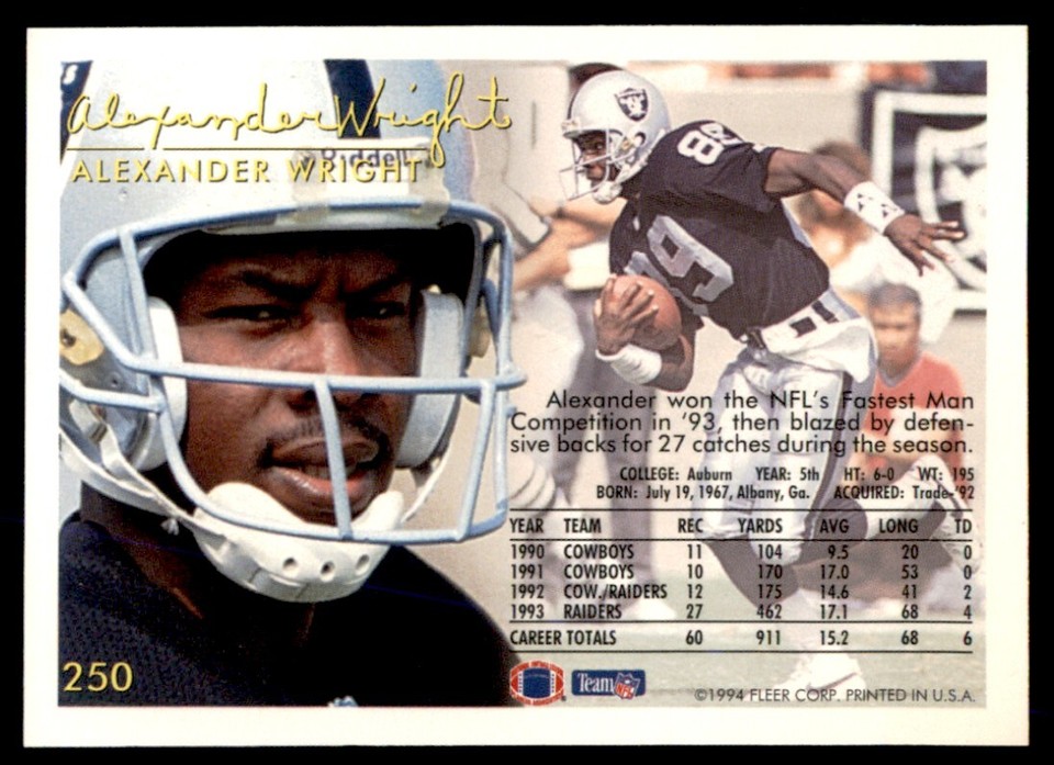 1994 FLEER SIGNATURE SERIES ALEXANDER WRIGHT LOS ANGELES RAIDERS #250 ...