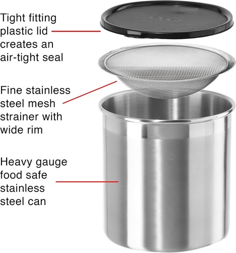 Stainless Steel Jumbo Grease Container with Removable Strainer and Snug ...
