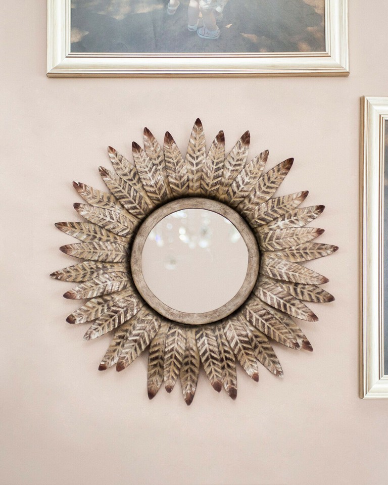Hanging Wall Mirror Home Decor Angel Wings Feathered Distressed Silver ...