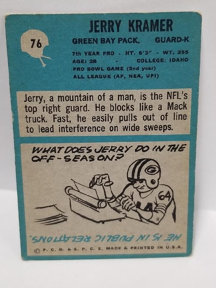 1964 Philadelphia Jerry Kramer Card # 76 Green Bay Packers | eBay