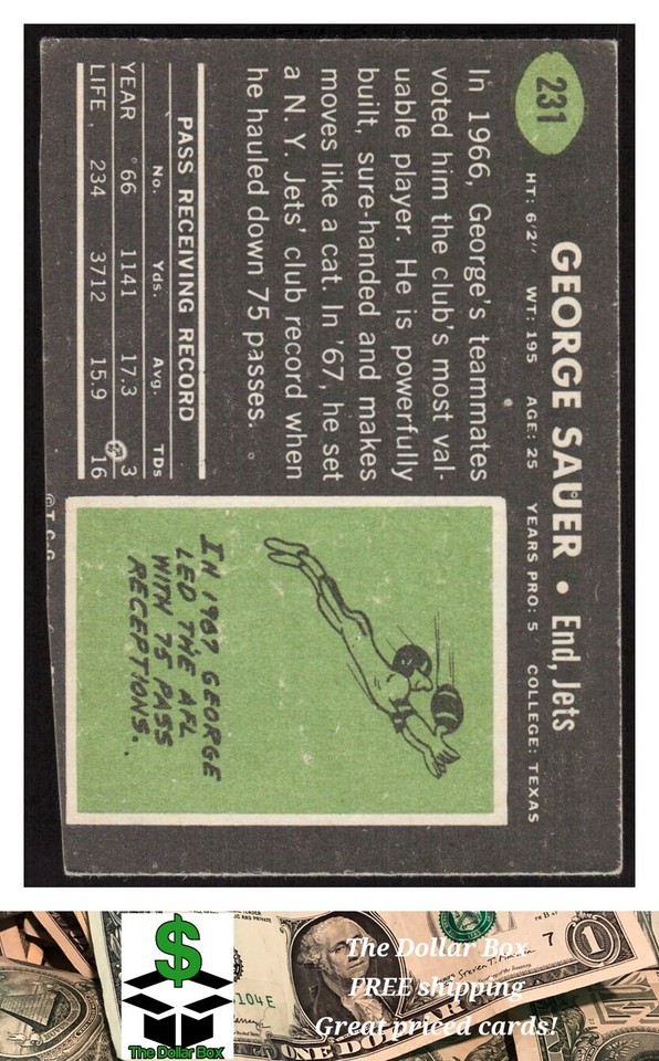 1969 Topps #231 George Sauer Jr. - New York Jets | eBay