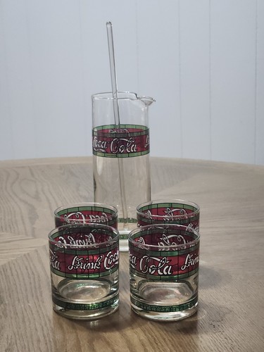 8" Rare Coca Cola Glass Martini Pitcher and stir stick With 4 Glasses ...
