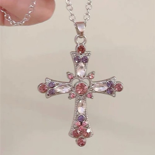 Pink Crystal Cross Long Pendant Chain Necklace Silver Choker Jewelry ...
