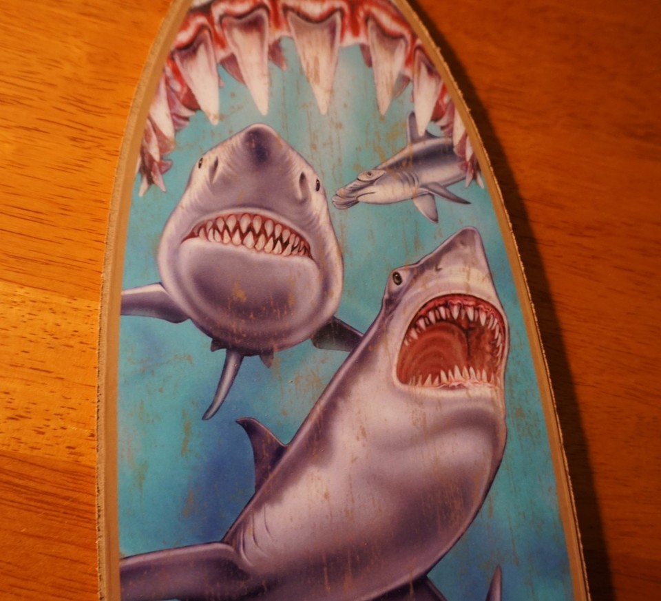GREAT WHITE SHARK TEETH BITE SURFBOARD SIGN Beach Surfing Surfer Home ...