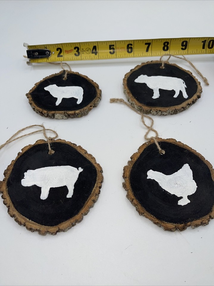 Chalk Painted Ornament Wood Disc Farmhouse Farm Animal Pig Cow Chicken ...