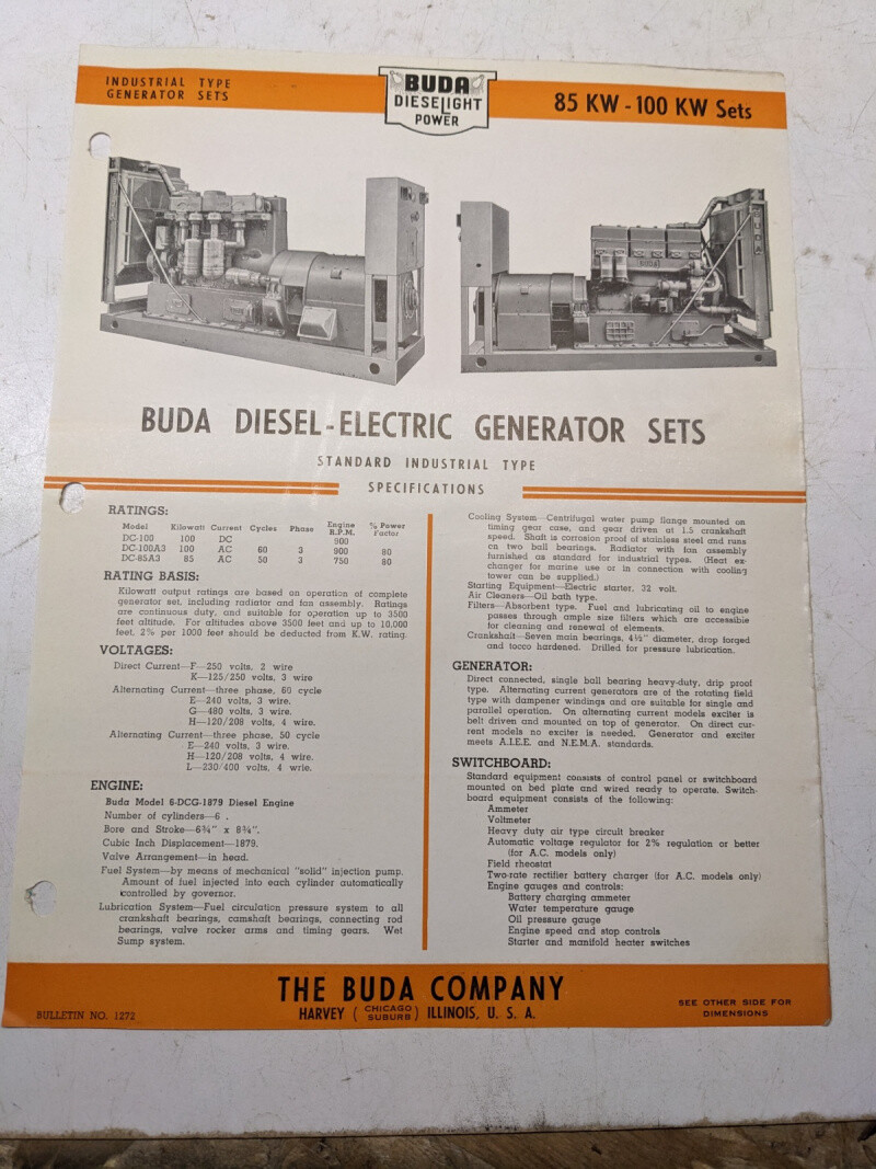BUDA DIESEL ELECTRIC GENERATOR SETS SPECIFICATIONS SALES BROCHURE 1948 ...