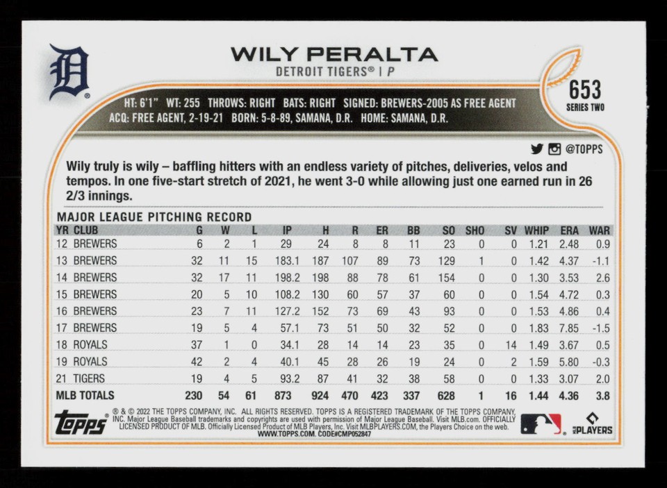 2022 Topps Wily Peralta #653 Detroit Tigers Baseball Card | eBay