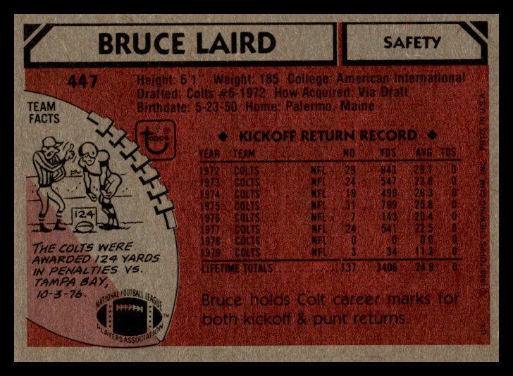1980 Topps Bruce Laird #447 Baltimore Colts | eBay