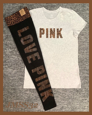 Victoria's Secret Pink Leopard SS Tee Shirt + Leggings Set Gray Black L ...