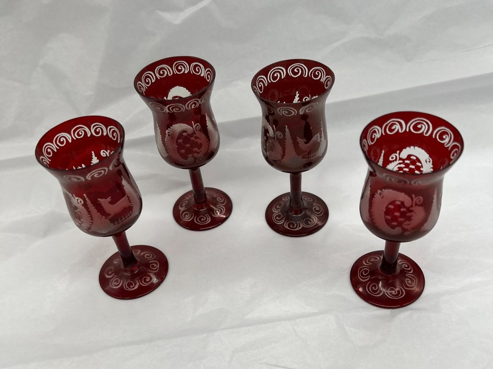 Antique Bohemian Ruby Red Cordial Glass Set of 4 | eBay