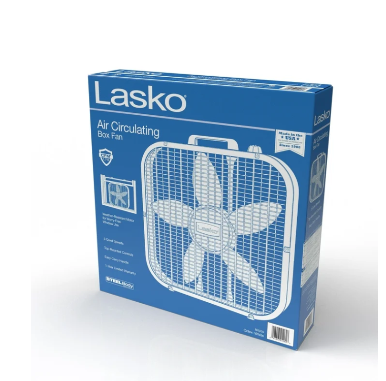 Lasko 20" Classic Box Fan with Weather-Resistant Motor, 3 Speeds, 22.5 ...