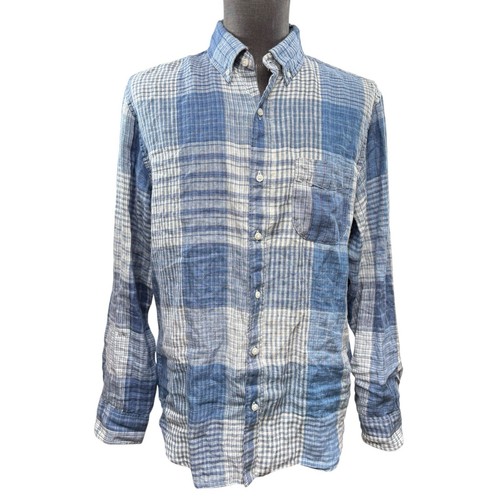 J crew 100% Linen Slim Blue Plaid Patchwork long sleeve Button Down ...
